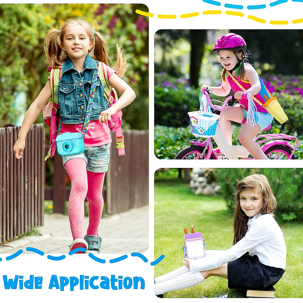 9 Pieces Cute Water Bottles with Straw Camera Ice Cream Bar Watermelon Shaped Adjustable Strap Plastic Water Bottle Leakproof Kawaii Water Bottle Plastic Fruit Water Cups for Kids School Girls Travel