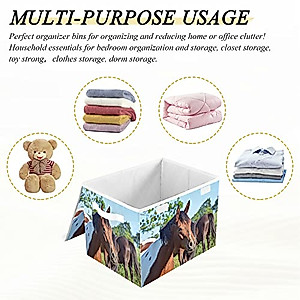Kigai Storage Basket Funny Horse Storage Boxes with Lids and Handle, Large Storage Cube Bin Collapsible for Shelves Closet Bedroom Living Room, 16.5x12.6x11.8 In