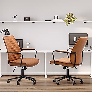 DICTAC Leather Office Chair Brown Modern Desk Chair mid Century Home Office Chair with Armrest, Capacity 400lbs