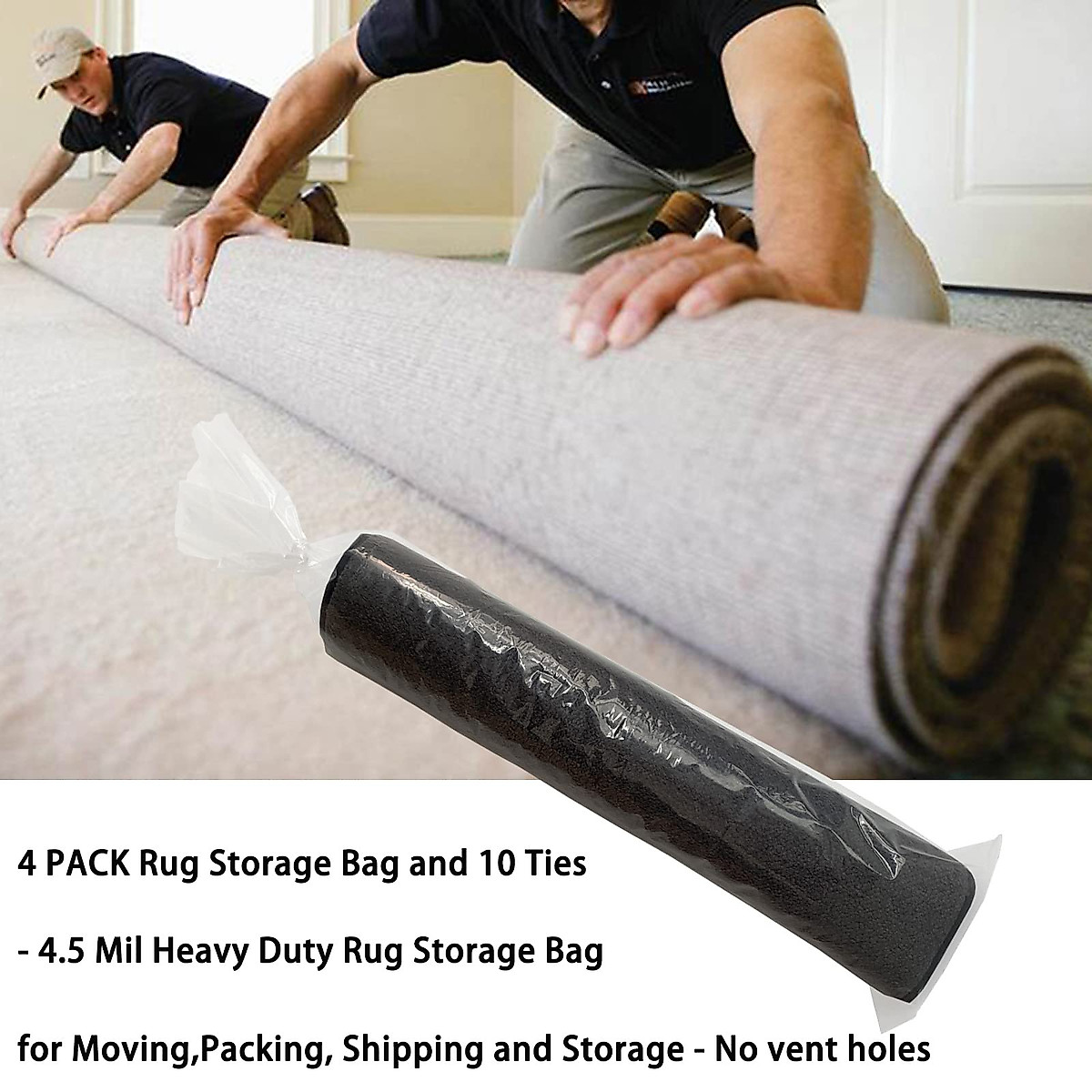 4 Pcs Rug Storage Bag with 10 Ties-Fits Rug up to 10'x14',4.5 Mil Heavy Duty Clear Plastic Rolled Rug Storage Bag for Indoor Outdoor Carpet Shipping,Packing,Moving and Storage - No Vent Holes