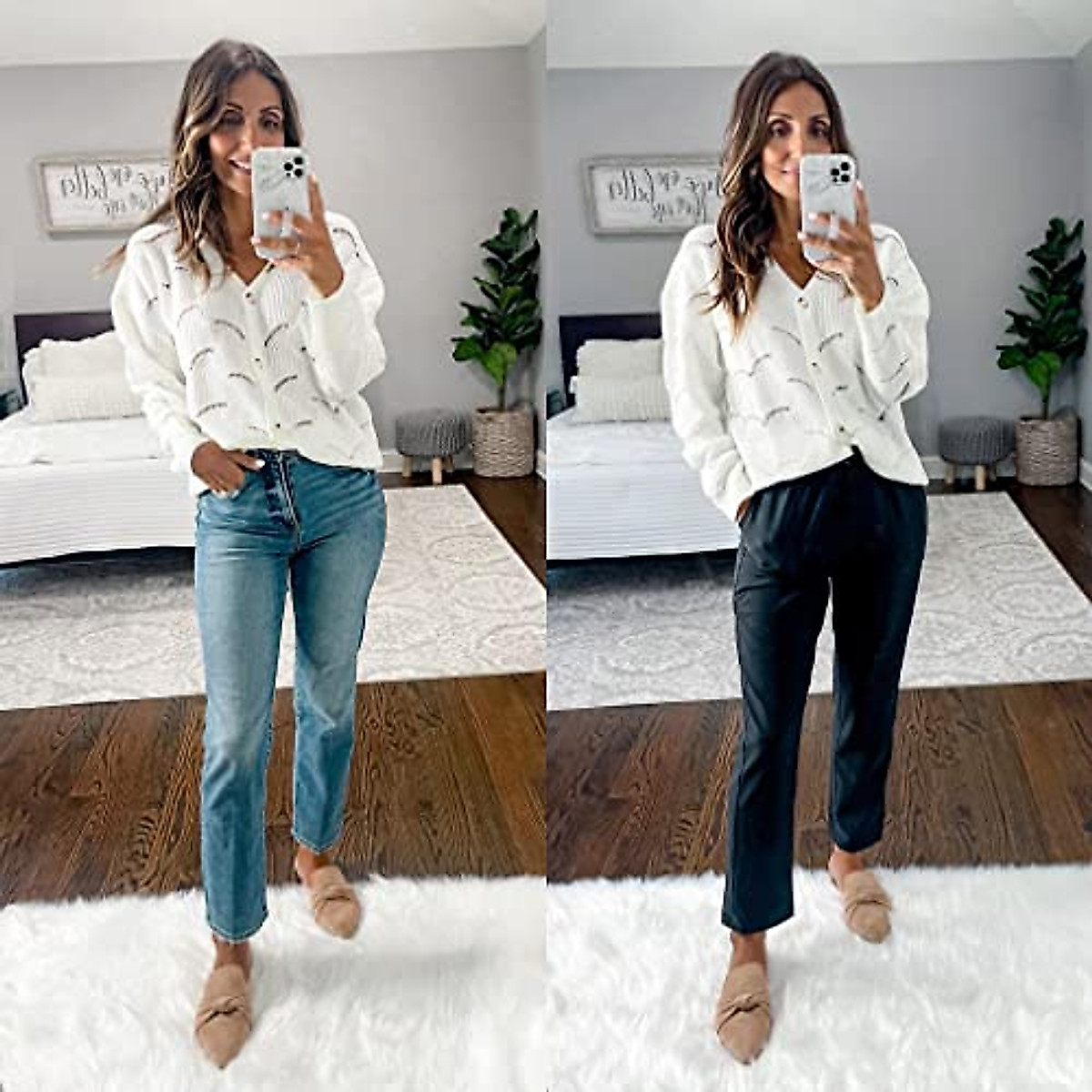 KOJOOIN Women's Crochet Cardigan Lightweight Kimono Long Sleeve Hollow Out Kint Outwear Sweater Barbie Pink M