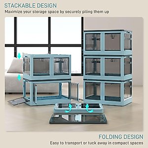 HOMCOM 18 Gal Stackable Storage Bins with Lids, 3 Packs Collapsible Closet Organizers and Storage, Plastic Drawer Storage Container on Wheels with 5-Sided Access, Doors for Blankets, Blue