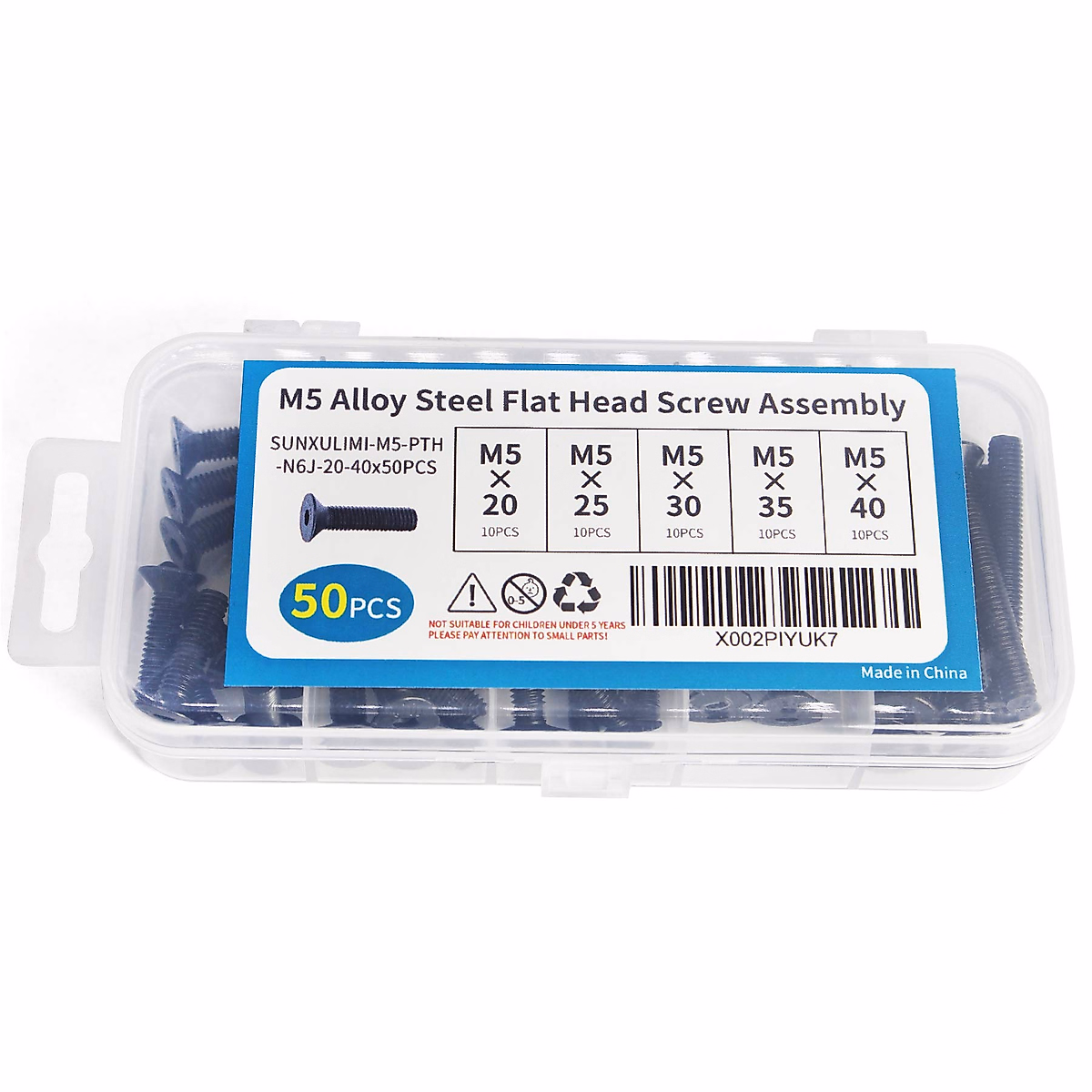 M5 x 20mm 25mm 30mm 35mm 40mm Flat Head Socket Cap Screws Countersunk Bolts, 10.9 Grade Alloy Steel, Black Oxide Finish, Fully Threaded, Metric Allen Hex Drive, Assortment Kit 50PCS