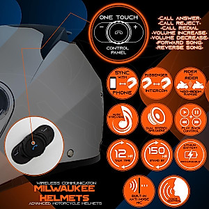 Milwaukee Helmets H7010 Flat Gray 'Mayday' Modular Motorcycle Helmet w/Intercom - Built-in Speaker and Microphone for Men/Women - Large