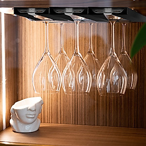 Rtteri 6 Pcs Under Cabinet Wine Glass Rack 10 x 4.3 x 0.8 Inches Plastic Wine Glass Holder Under Shelf Punch Free Wine Glass Hanger Hanging Stemware Rack for Kitchen Bar Cup Goblets Organizer, Black