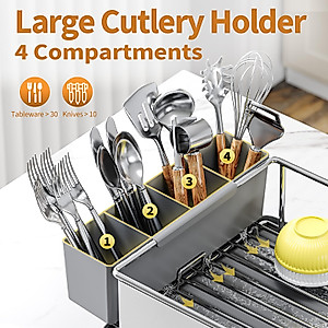 Urackify Dish Rack, 304 Stainless Steel Dish Drying Rack for Kitchen Counter, Dish Drainer with Cutlery Holder for Large Capacity, Dish Drying Rack with drip Tray, Grey