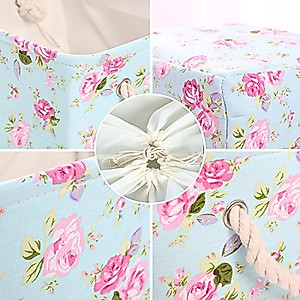 uxcell Storage Basket Bin for Toys Clothes, Collapsible Canvas Fabric Laundry Basket Box with Drawstring Closure & Carry Handles, Floral (Large - 17.7"x13.8"x9.8")