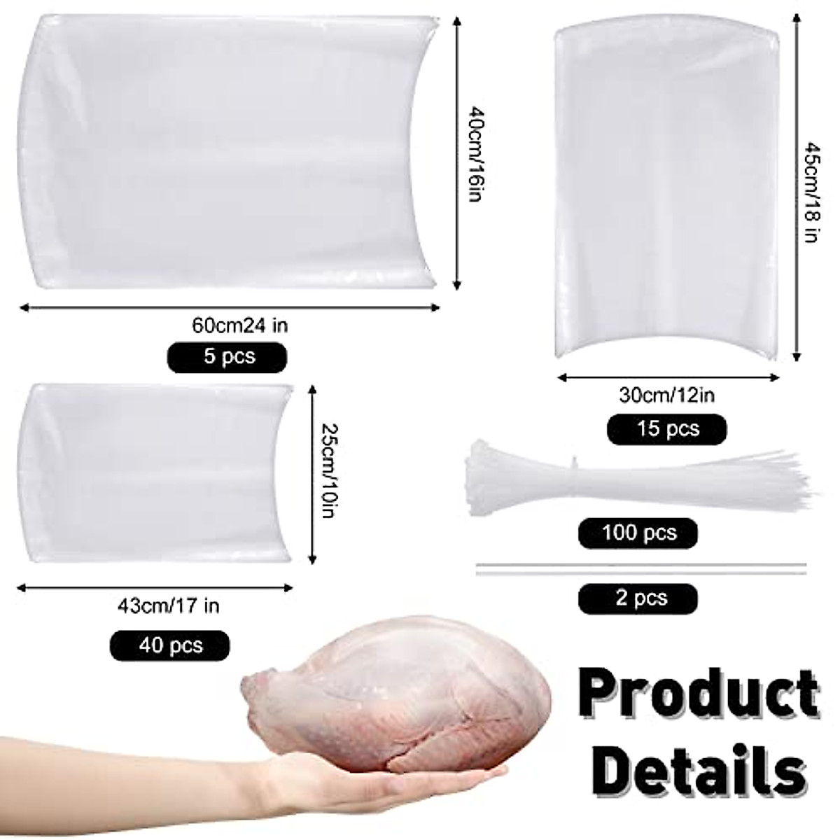60 Pack 3 Size Poultry Shrink Bags Chicken 3 Size Clear Poultry Heat Shrink Wrap with 100 Pcs White Ties and 2 Pcs Clear Silicone Straw for Rabbits Turkey Meat Food Storage