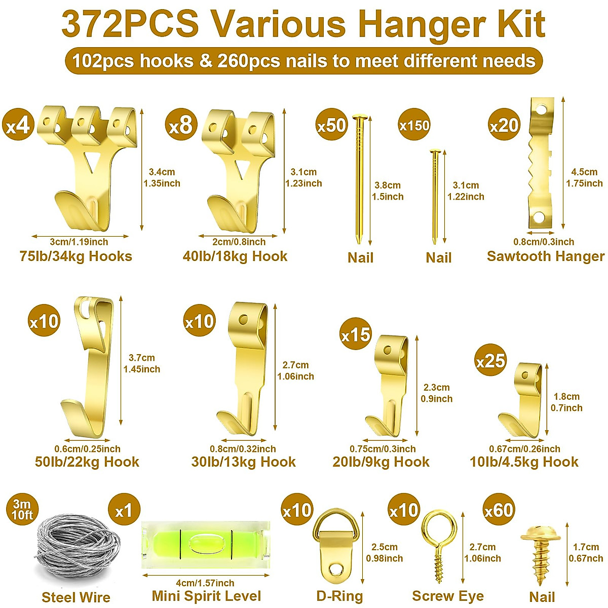 MAPVOLUT 372 PCS Picture Hanging Kit, Christmas Decorations Indoor Outside Picture Hangers, Heavy Duty Picture Frame Mirror Wall Hanging Hardware Hooks Kit with Nails Sawtooth for Hanging Picture