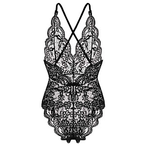 ZSWDXX Women Lingerie One Piece Lace Teddy Bodysuit Babydoll Chemise Sleepwear Black S