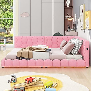 RORIGAT Upholstered Full Size Platform Bed with 2 USB Ports, Full Platform Bed Frame with LED Belt, Short Bed for Kids, No Need Spring Box,Pink