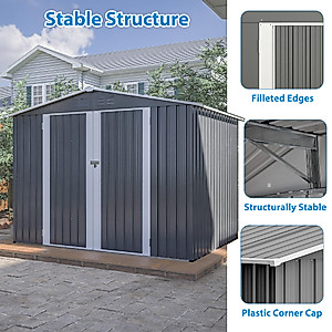 Outdoor Metal Storage Shed with Lockable Door, Garden Tool Shed with Metal Floor Base Outside Storage House Clearance Steel Yard Shed for Backyard, Patio, Lawn, Outside Use (8 x 6Ft-Gray)