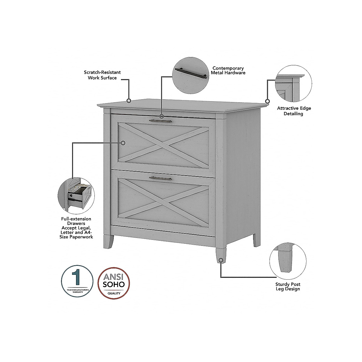 Bush Furniture Key West 48W Writing Desk with 2 Drawer Lateral File Cabinet and 5 Shelf Bookcase in Cape Cod Gray
