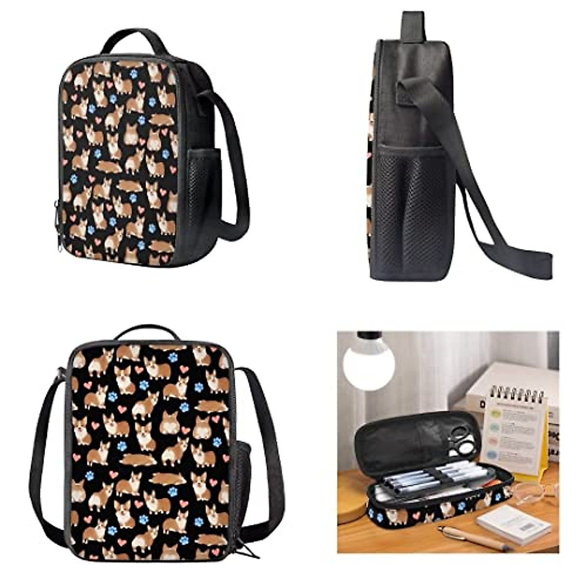 PZZ BEACH Cute Corgi Kids School Backpack Set Thermal Lunch Pouch Bag Pencil Case Durable Bookbag Stationery 3 Pieces