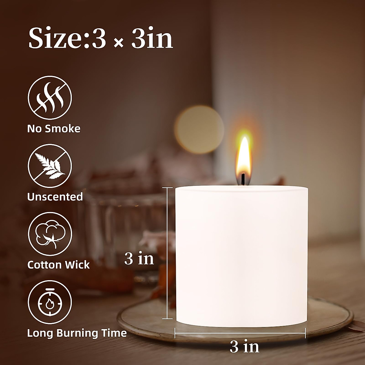 KONNI White Pillar Candles Set of 6, 3"x 3" Unscented Pillar Candles Bulk, 30 Hours Long Burning Candles, Smokeless&Dripless Large Round Candle for Wedding, Home Decoration, Parties, Spas, Dinner