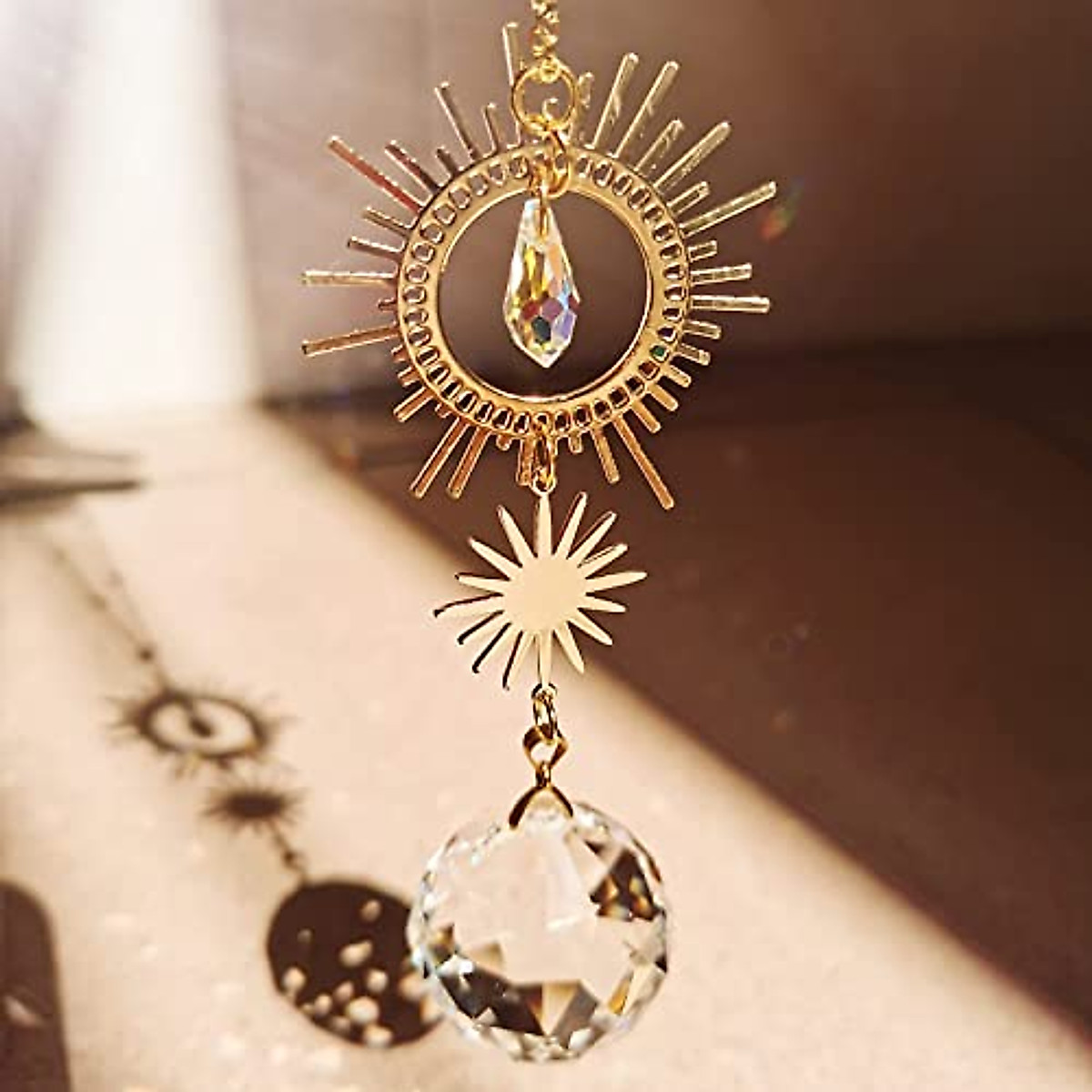 Boho Suncatcher for Window, Handmade Crystal Suncatcher Beads Ornament, Hanging Crystal Window Prism Ball Pendant, 30mm Rainbow Maker Decor Gift, Stained Glass Sun Catchers for Garden Car Decoration