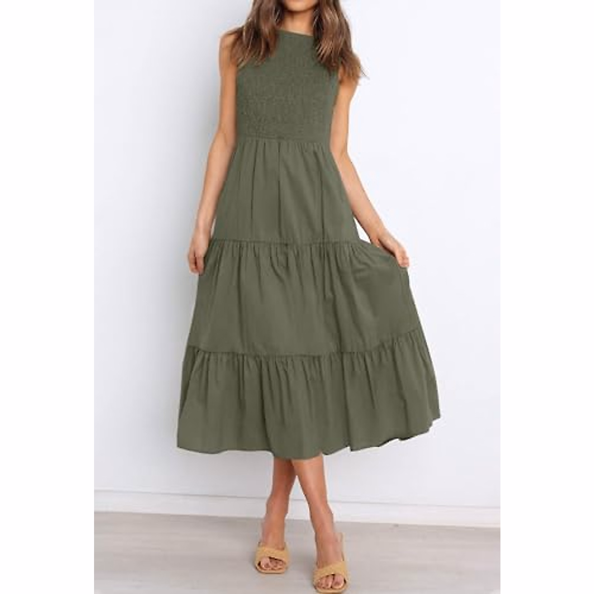 ZESICA Women's Summer Casual Sleeveless Crew Neck Smocked High Waist Flowy Tiered A Line Midi Dress,ArmyGreen,Medium