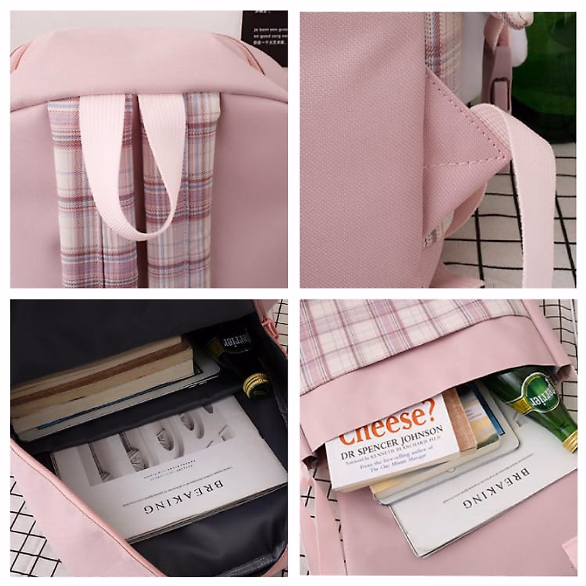 MININAI 4PCS Aesthetic College Backpack Set with Plushies Kawaii Large Backpack 15.6" Laptop Preppy Daypack Cute Backpack (Green,One Size)