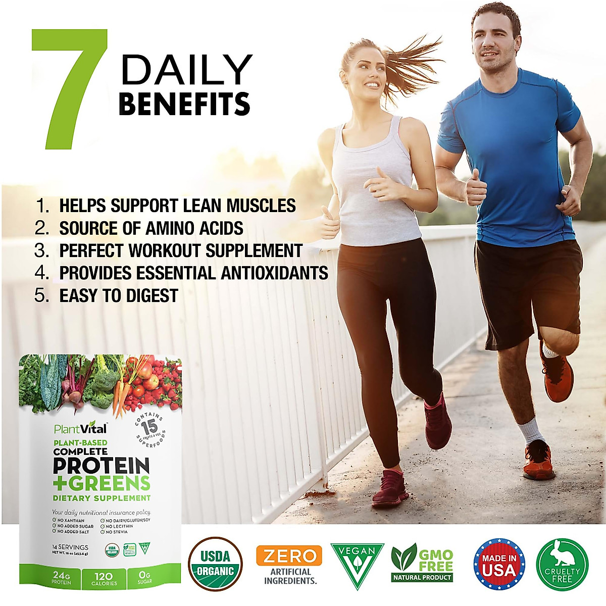 Plantvital Unflavored Organic Vegan Protein Powder - 15 Superfoods, Veggies and Probiotics - Organic Plant-Based Protein Powder - All BCAA’s, Gluten Free - 16oz -1 Pouch