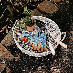 Woven Seagrass Tray with Handles, 18 Inch Round, Purple Floral Design for Centerpiece, Walls, Tables