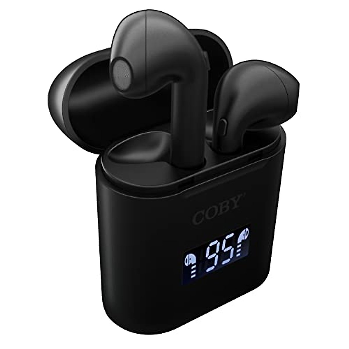 Coby True Wireless Earbuds with Charging Case, Wireless Bluetooth Earbuds, in Ear Headphones Wireless Bluetooth, Smart Battery Display, Built-in Microphone, Auto Pairing, 6.5 Hours Play, (Black)
