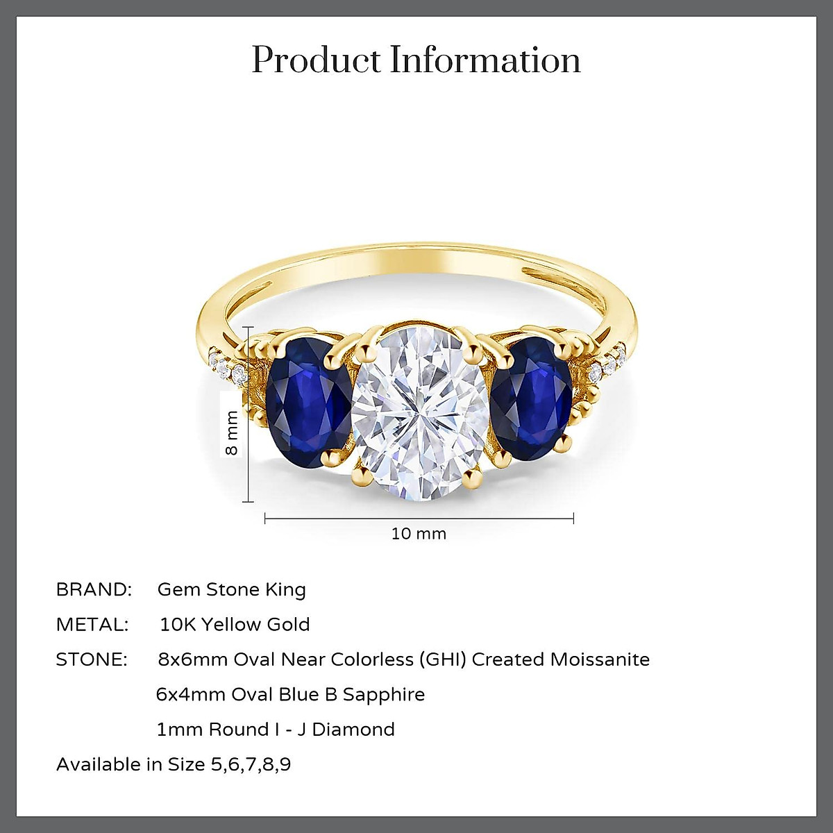 10K Yellow Gold 3-Stone Ring Forever Brilliant Oval 5.19cttw Moissanite by Charles & Colvard and Sapphire (Size 8)