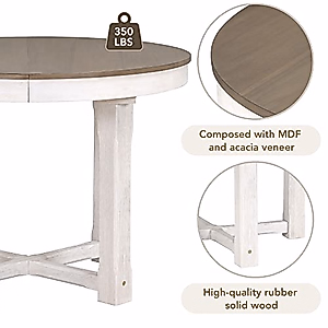 WOZNLA 5-Piece Dining Table Set - Round to Oval Extendable Butterfly Leaf Wood Table with 4 Upholstered Dining Chairs with Armrests - Ideal for Kitchen and Family Gatherings