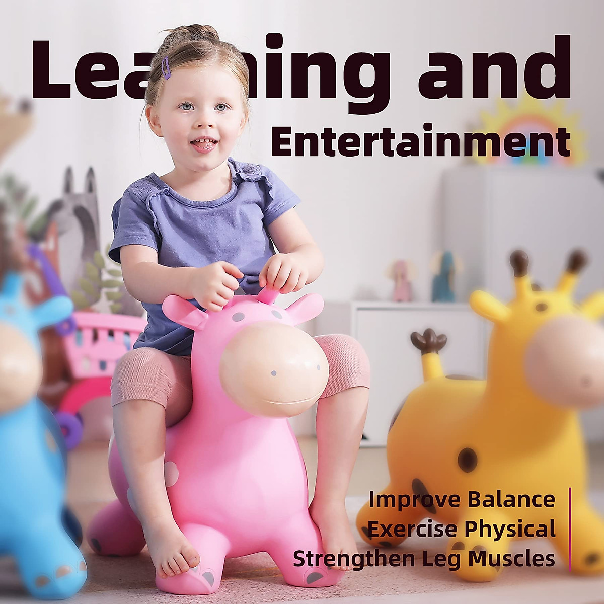 EVERICH TOY Giraffe Bouncy Horse Hopper for Toddlers, Bouncy Animals Jumping Horse, Inflatable Ride on Bouncer Hopping Toys Gifts for Boys and Girls 18 Months 2 3 4 5 6 Years Old