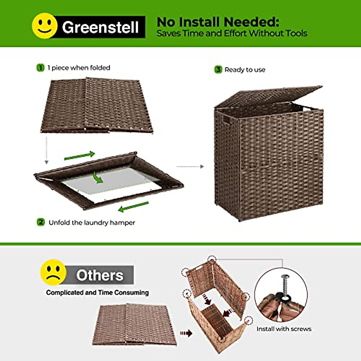 Greenstell Laundry Hamper No Install Needed, Divided Clothes Hamper with 2 Removable Liner Bags, 90L Handwovn Synthetic Rattan Laundry Basket with Lid and Handles, Foldable Brown 17.5x12.5x25.5Inches