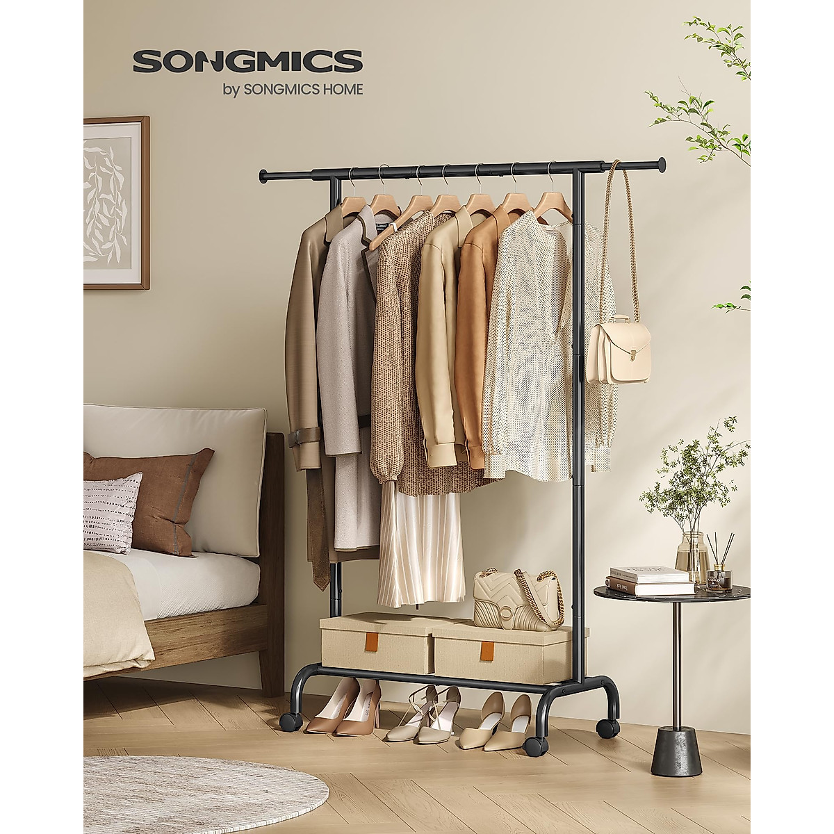 SONGMICS Clothes Rack, Clothing Rack for Hanging Clothes with Wheels, Garment Rack with Extendable Hanging Rail, 99 lb Total Max. Load, 15.7” x 32.7”-47.2” x 61.4”, Ink Black UHSR134B01
