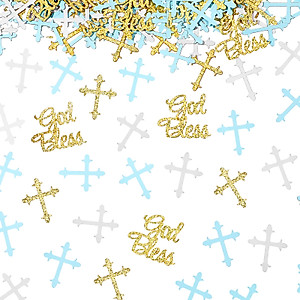 Marspark 300 Pcs Baptism Confetti Glitter Cross God Bless Table Confetti Cross Decorations for Baptism First Communion Baby Shower Birthday Gender Reveal Party Supplies(Blue, Gold, White)