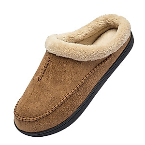 WOTTE Men's Moccasin Slippers Microsuede Fleece Fuzzy Lined Memory Foam House Shoes for Indoor Outdoor Size 11-12 Brown