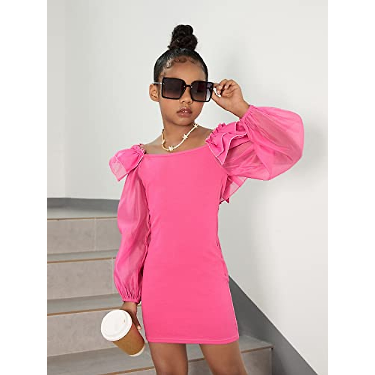 WDIRARA Girl's Mesh Ruffle Trim Layered Tie Back Lantern Sleeve Pencil Mini Dress Hot Pink 10Y