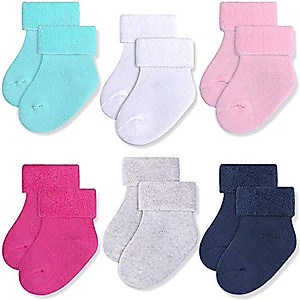 JAKIDAR 6 Pairs Baby Socks Thick Warm Socks for Infant Newborn Cotton Sock Shoes, Pink White Blue 0-3M