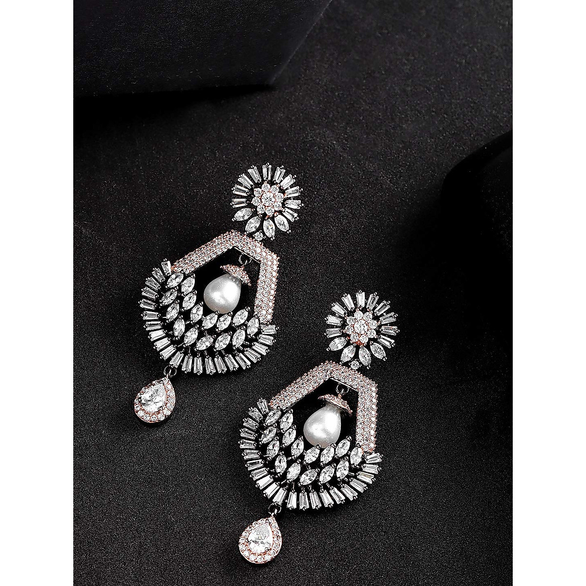 Priyaasi Dual-Toned Pearl American Diamond Earrings for Women | Fashionable Floral Drop Design | Brass Metal | Pushback Closure | Silver Prom Earrings for Women - Party & Wedding