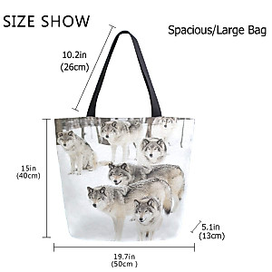 ZzWwR 3D Winter Forest Wolves Print Extra Large Canvas Shoulder Tote Top Storage Handle Bag for Gym Beach Weekender Travel Shopping