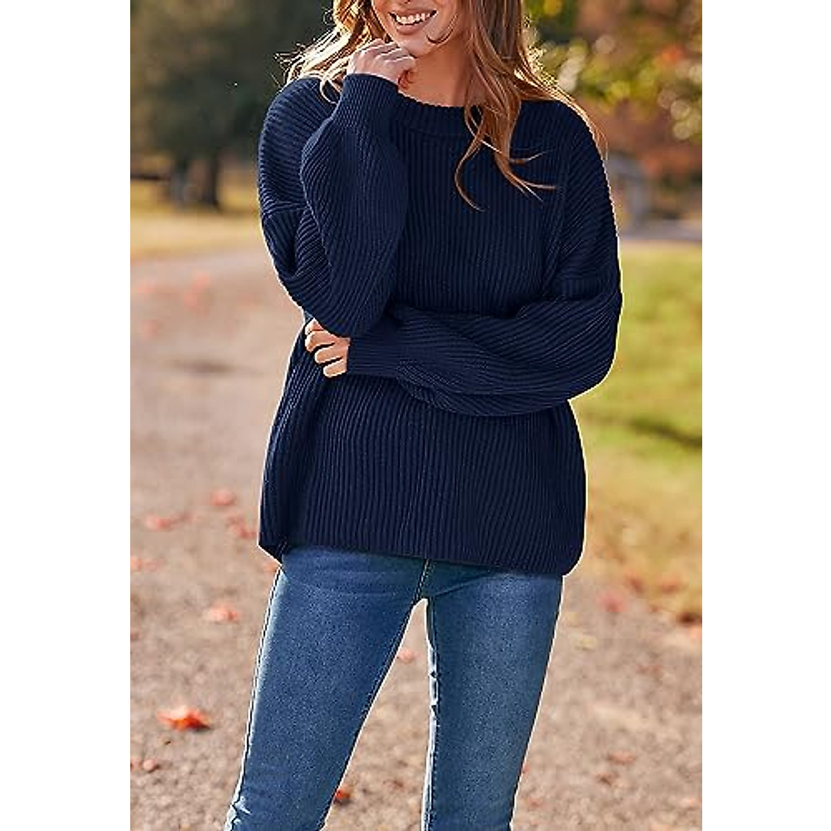 PRETTYGARDEN Long Sleeve Oversized Sweaters for Women Fall 2023 Crew Neck Solid Color Casual Knit Pullover Sweater Tops (Navy,Small)