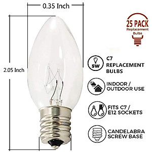 SUNSGNE 25 Pack C7 Clear Replacement Bulbs Christmas Light Bulbs, Outdoor Patio String Light Bulbs, C7 Night Light Replacement Bulbs, E12/C7 Candelabra Base, 5 Watt- Clear