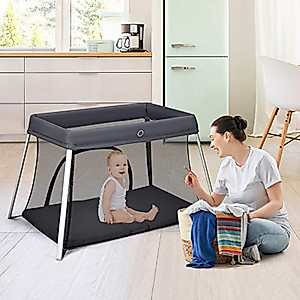 HONEY JOY Baby Travel Crib, Portable Pack and Play Travel Bassinet with Carry Bag, Lightweight Baby Playpen w/Washable Mattress, Side Zipper Door, Large Foldable Play-Yard for Infant Boy Girl (Gray)