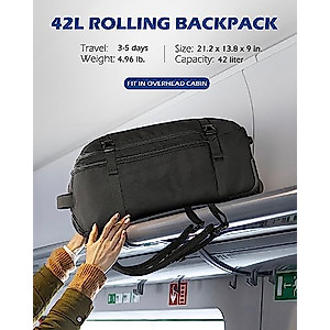 Hynes Eagle 2 in 1 Rolling Backpack 42L Backpack with Wheels Airline Approved Carry on Luggage Laptop Travel Backpack for Women Men Black with 20L Personal Item Underseat Bag Black