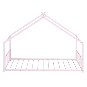 Lakifun Twin Size Floor House Bed for Kids,Metal Floor Bed Frame Montessori Bed with Roof and Guardrails,Twin Low House Bed Playhouse Bed for Children Girls and Boys, Pink(Enclude Bed Slats)