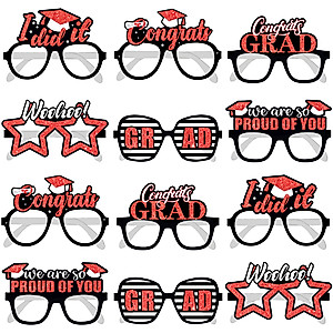KatchOn, Red 2024 Glasses Graduation - Glitter, Pack of 12 | Graduation Photo Booth Props 2024 for Graduation Decorations Class of 2024 | Graduation Eyeglasses, Red Graduation Party Decorations 2024