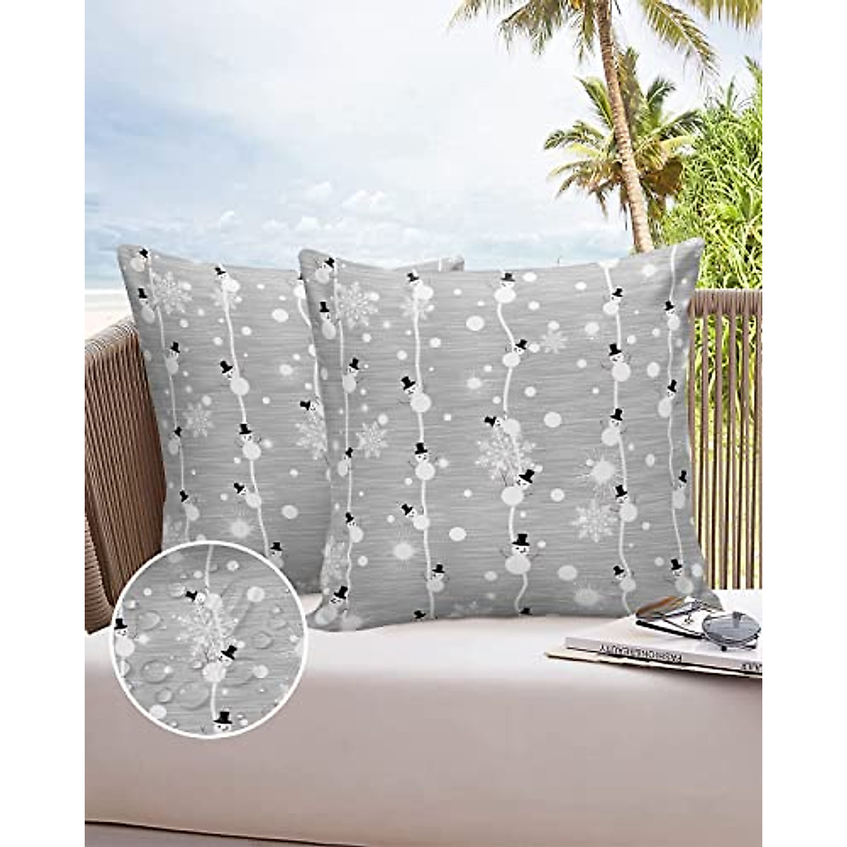 Christmas Outdoor Pillow Covers Snowman Snowflake Waterproof Lumbar Pillowcases Set of 2 Chritsmas Lights Grey Background Decorative Patio Furniture Pillows 16x16 inch x 2pcs