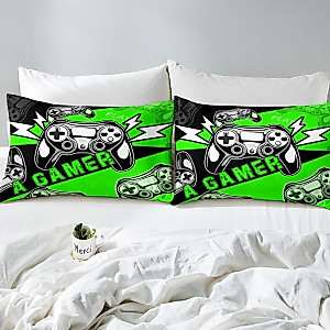 Erosebridal Gamer Bedding Sets for Boys Girls Kids,Gamepad Gaming Sheets Full Size Modern Game Room Decor,Games Console Fitted Sheet Black Green Bedroom Decor with 2 Pillowcases