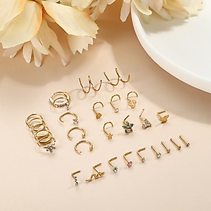 Florideco 28Pcs 20G Nose Rings Hoops Nose Rings Studs for Women Men Stainless Steel L Shaped Screw Nose Rings Gold Nostril Nose Piercing Jewelry G