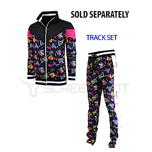 SCREENSHOT-P11904 Mens Hip Hop Premium Slim Fit Track Pants - Athletic Jogger 80's Retro Pattern Print Streetwear Bottoms-Black/Pop-Large
