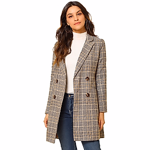 Allegra K Women's Double Breasted Notched Lapel Plaid Trench Blazer Coat Medium Brown