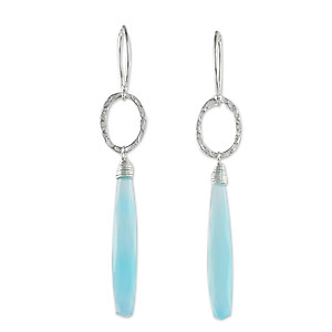 NOVICA Artisan Handmade Blue Chalcedony Dangle Earrings with Hammered Silver Sterling Thailand [2.4 in L x 0.5 in W] ' Exhilarated'