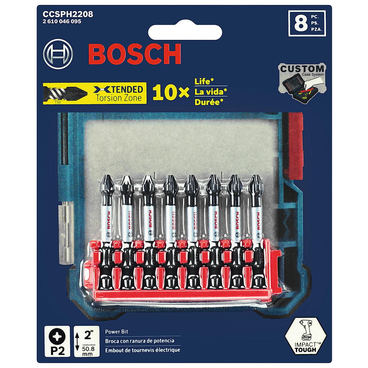 BOSCH CCSPH2208 8-Pack 2 In. Impact Tough Phillips P2 Power Bits with Clip for Custom Case System