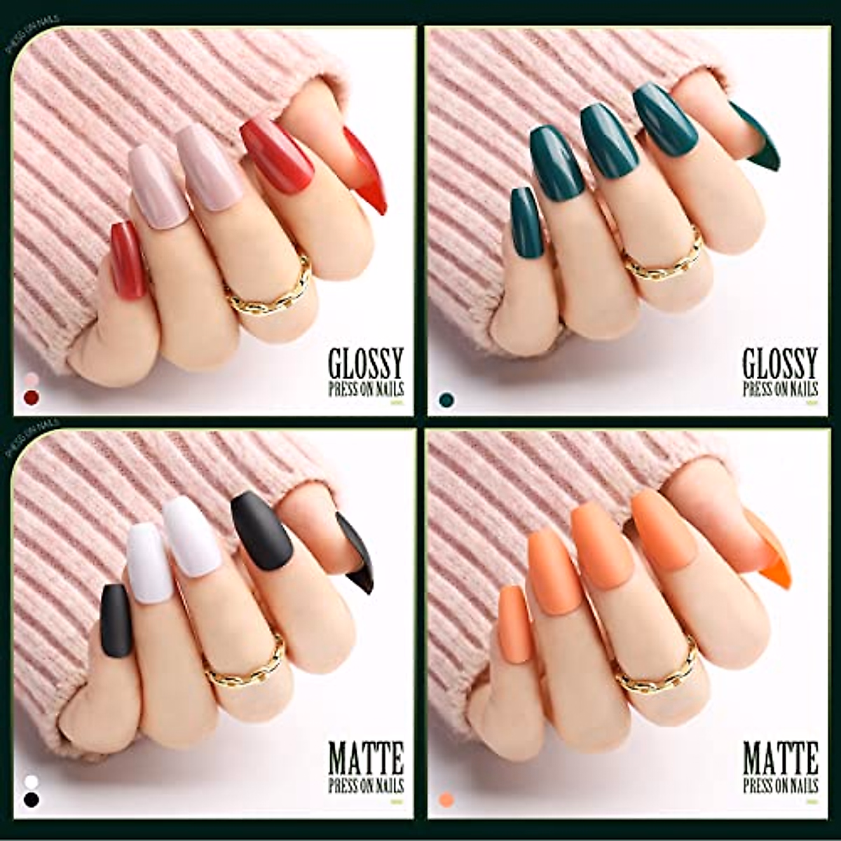 Coffin Shape Press On Nails Set, Teenitor 24 Packs 576PCS Matte Short Coffin Glue On Nails Medium Length, 12 Colors Coffin , 12 Colors Glossy Press On Coffin Nails, Reusable, Nail Adhesive Tabs, Nail Stickers Rhinestone